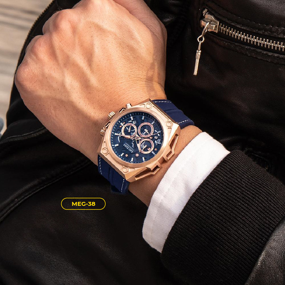 RELOJ MEGIR - BLUE CLASSY TRIPLE DORADO | SKU: MEG-38