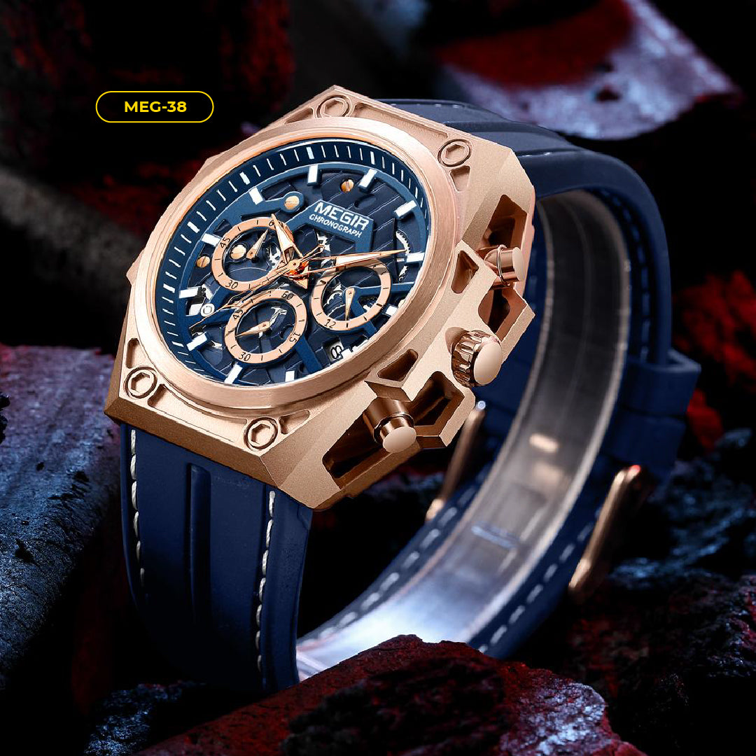 RELOJ MEGIR - BLUE CLASSY TRIPLE DORADO | SKU: MEG-38